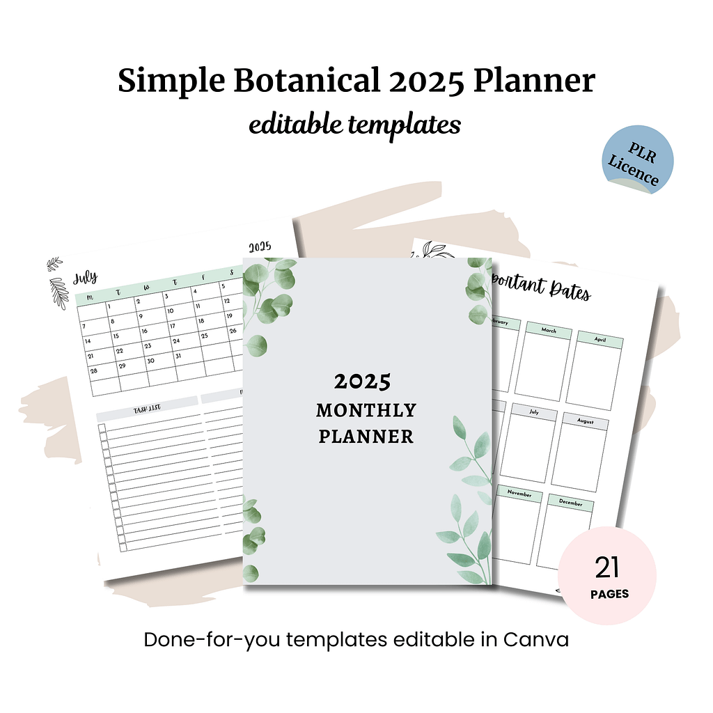 2025 Monthly Planner (Simple Botanical) PLR | Snazzy Designs PLR